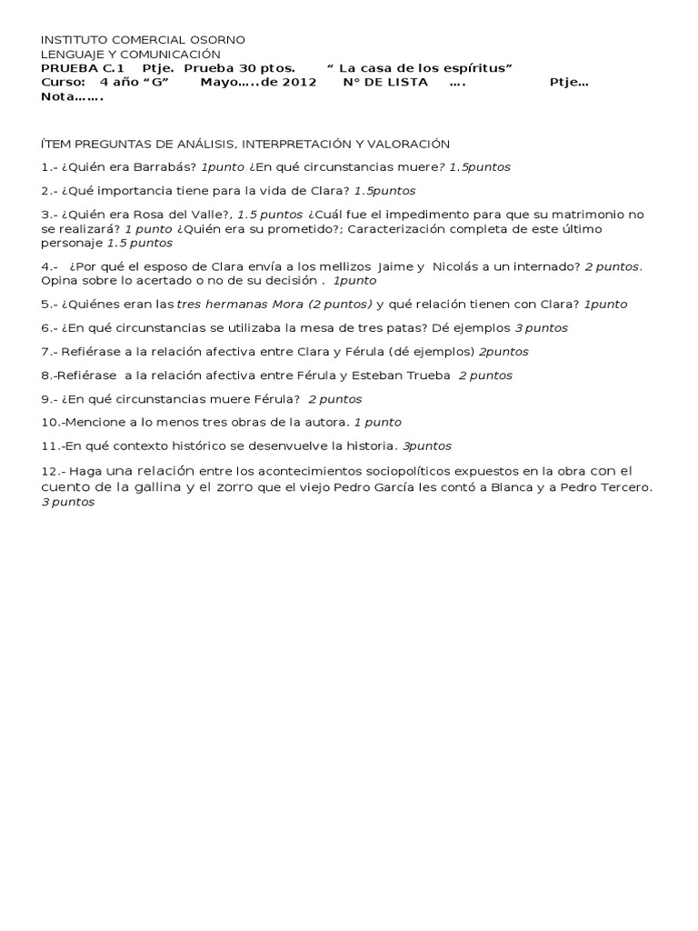Prueba Casa de Los Espiritus 4 G PDF | PDF