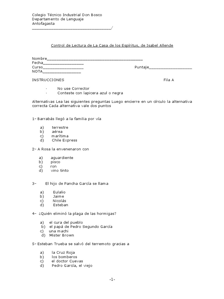Control de Lectura: La Casa de los Espíritus | PDF