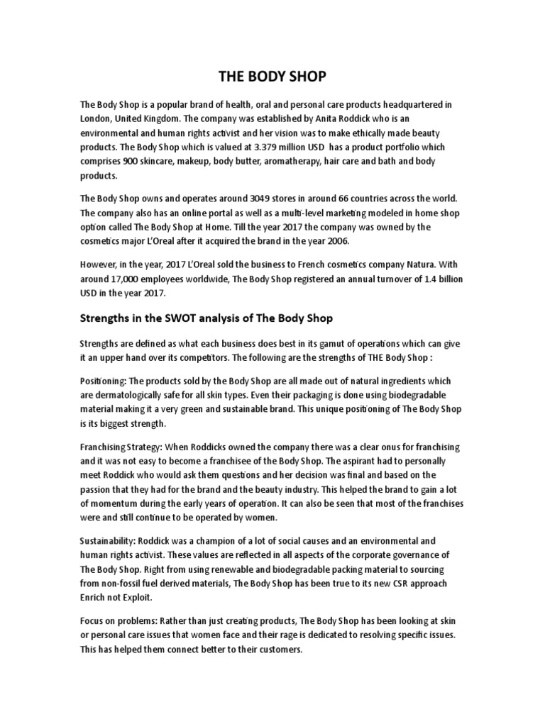Strengths in The SWOT Analysis of The Body Shop | PDF | Retail | Brand