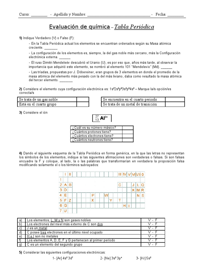 Evaluación Tabla Periódica Soluciones Tabla Periódica Elementos 3151