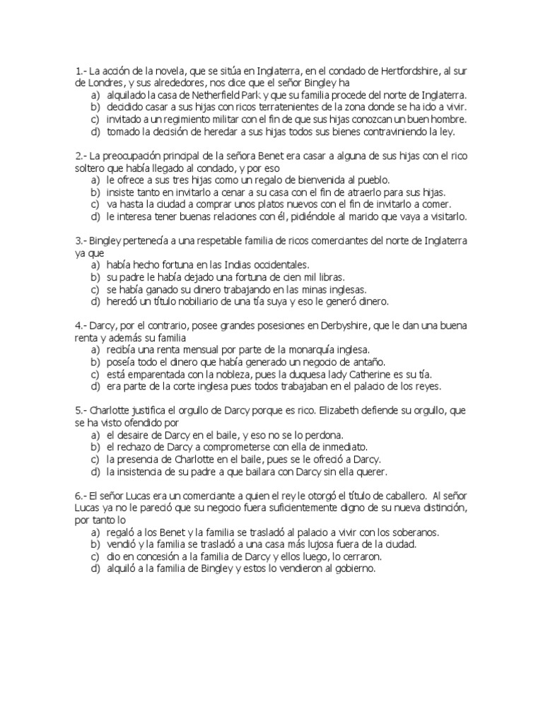 Preguntas y Respuestas sobre Orgullo y Prejuicio | PDF | Orgullo y ...