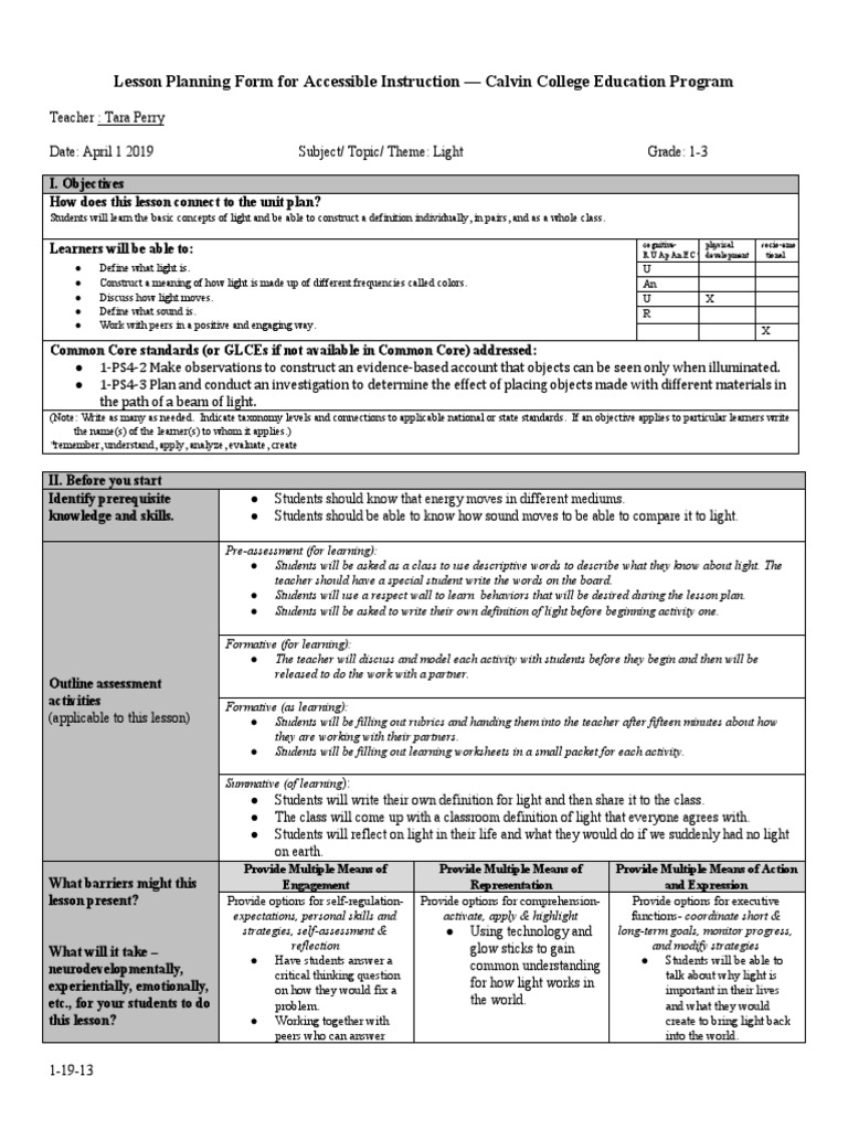 Lesson Plan For Light With Reflection Pdf Lesson Plan Light