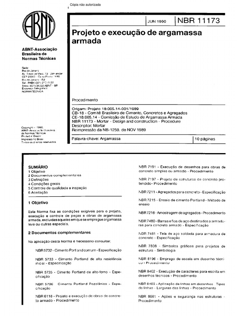 NBR 11173 NB 1259 - Projeto e Execucao de Argamassa Armada PDF | PDF ...