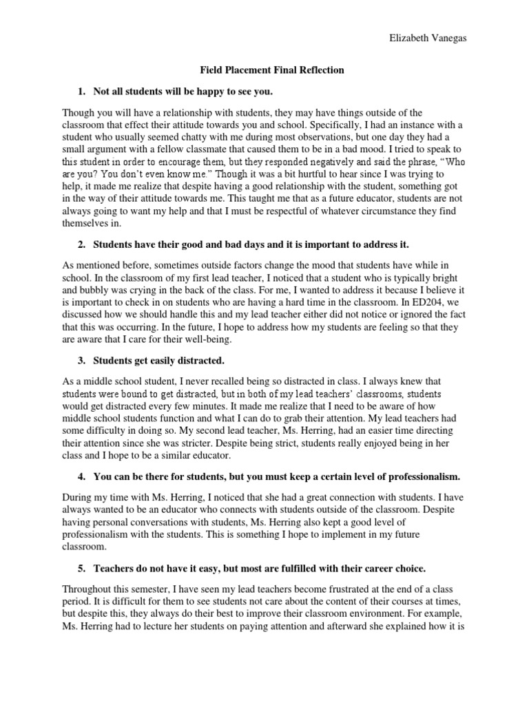 Field Placement Final Reflection | PDF | Classroom | Mood (Psychology)