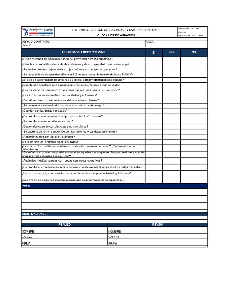 Check List Andamios y Arnes | Descargar gratis PDF | Andamio | Naturaleza