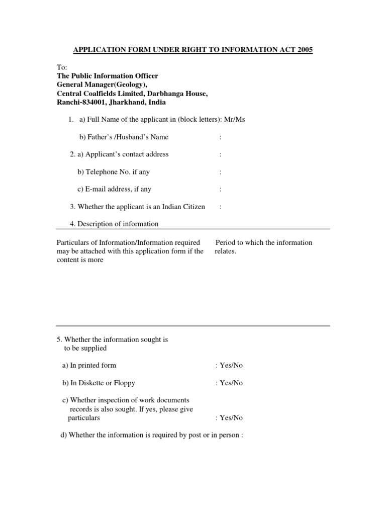 RTI Application Form for CCL, Jharkhand | PDF