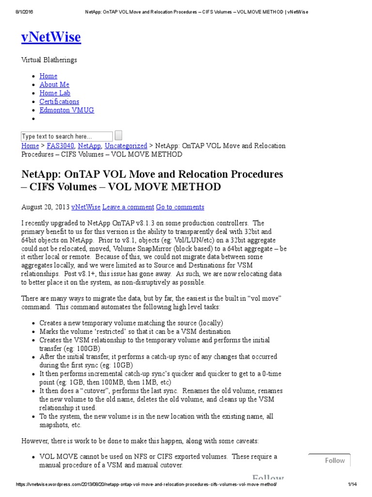 NetApp - OnTAP VOL Move and Relocation Procedures - CIFS Volumes - VOL MOVE METHOD - VNetWise ...