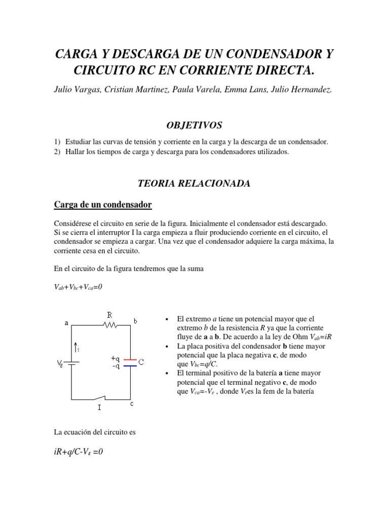 Carga Y Descarga De Un Condensador Y Circuito Rc En Corriente Directa | Condensador | Corriente ...