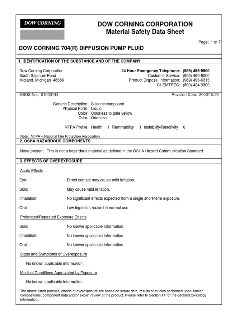 Dow Corning 704 Diffusion Pump Fluid | PDF | Dangerous Goods ...