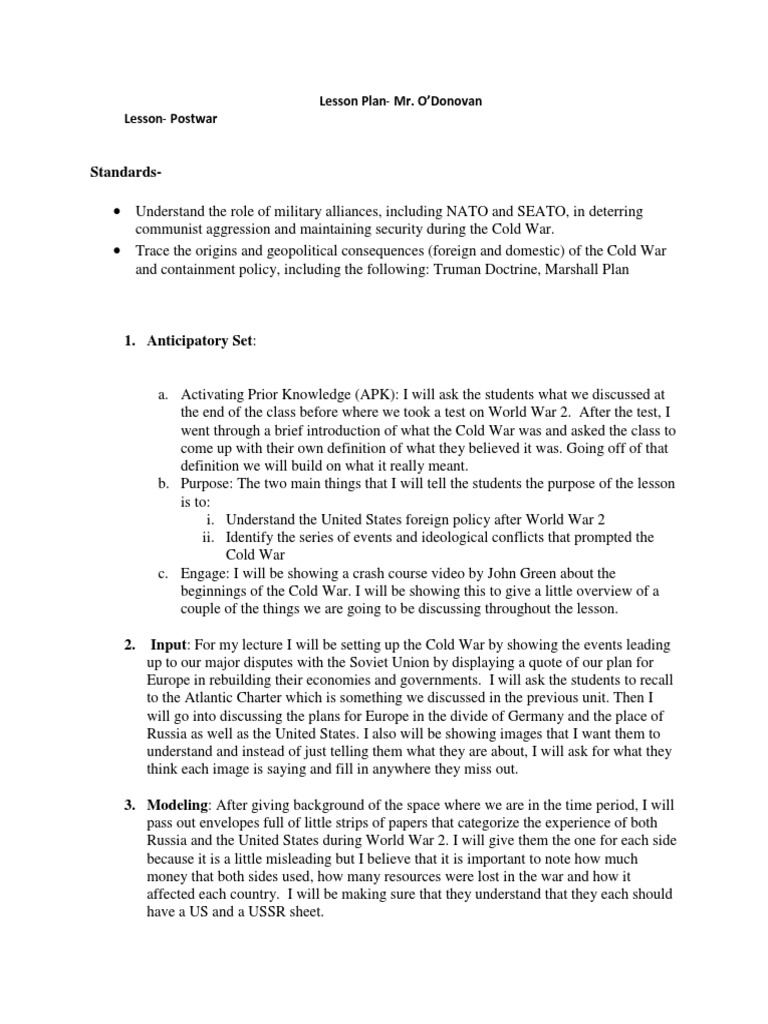 Standards-: Lesson Plan-Mr. O'Donovan Lesson - Postwar | PDF | Cold War ...
