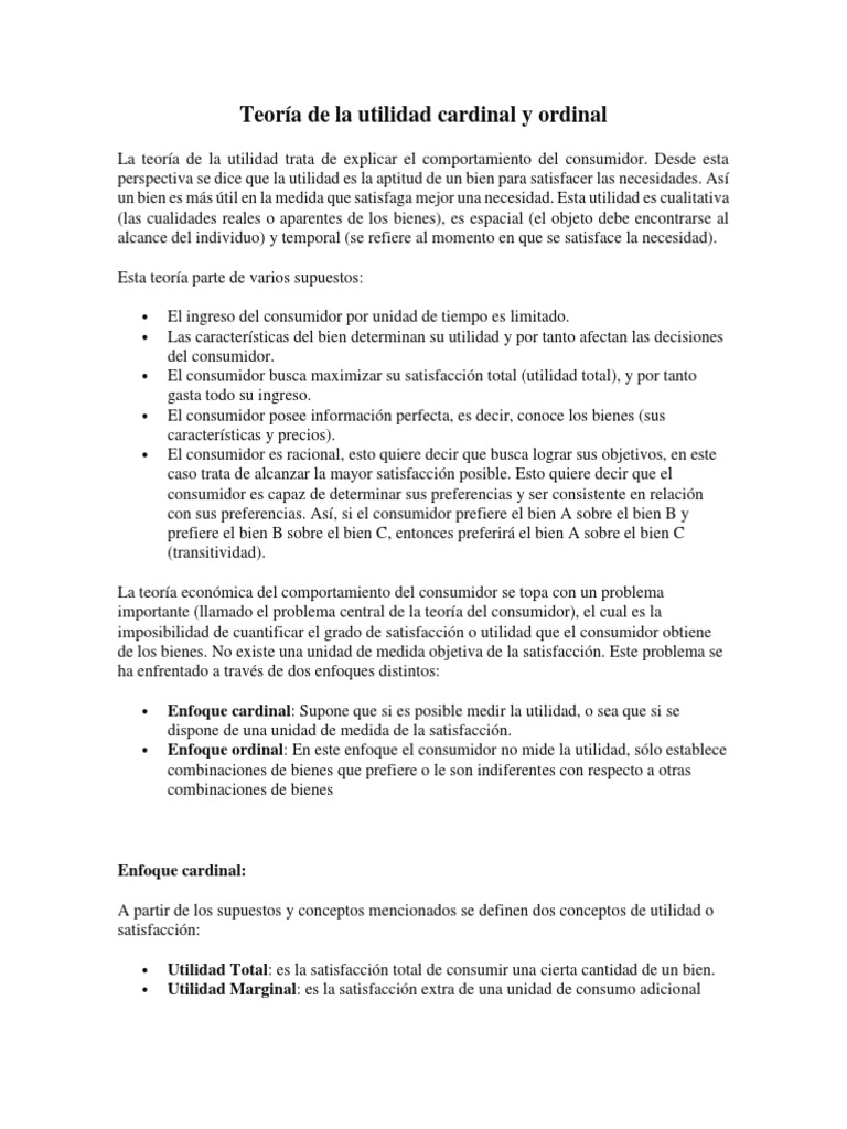 Teoría de La Utilidad Cardinal y Ordinal | Utilidad | Los consumidores