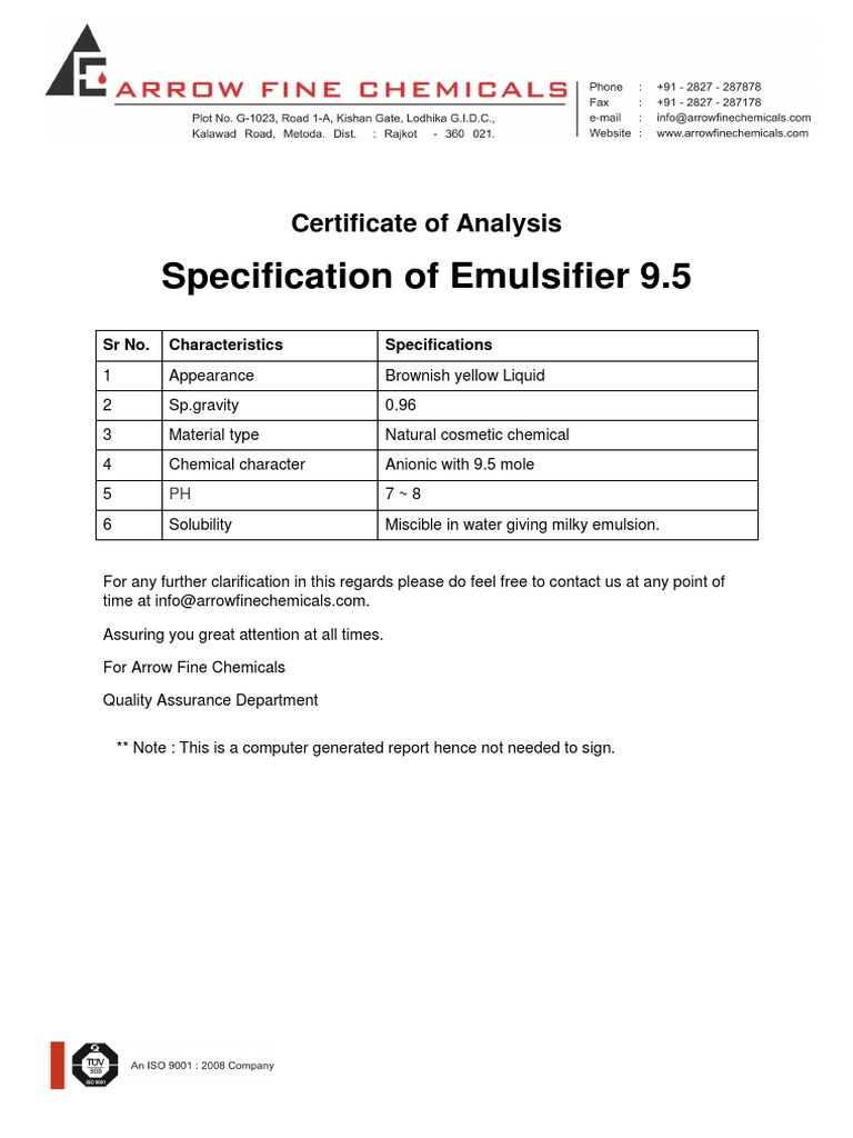 Specification of Emulsifier 9.5 | PDF | Emulsion | Materials Science