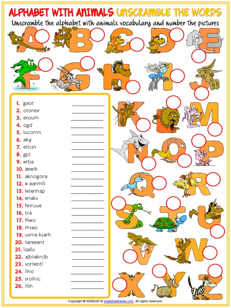Alphabet Vocabulary Esl Unscramble The Words Worksheet For Kids PDF ...