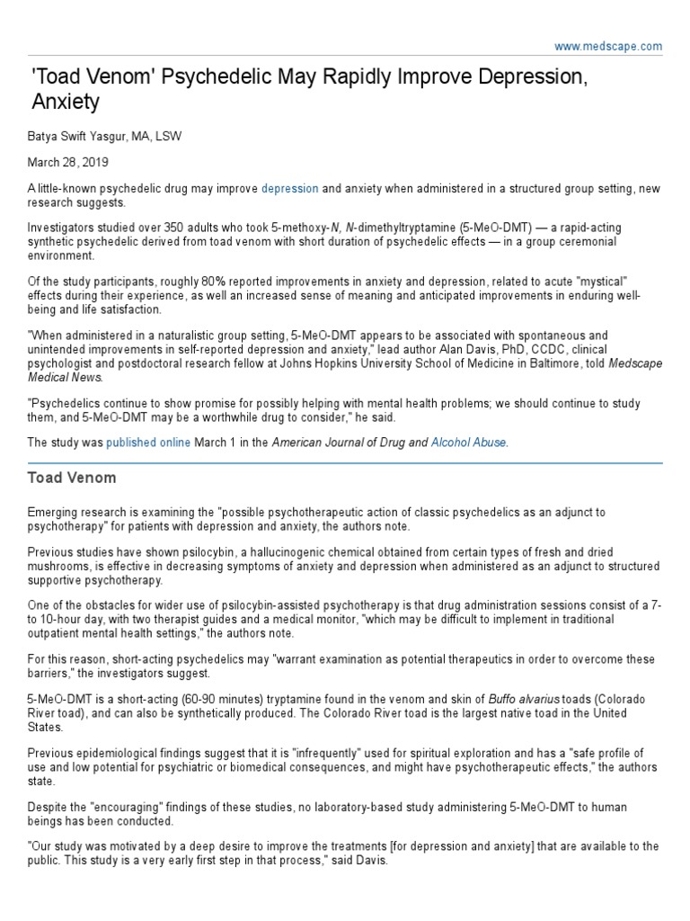 Toad Venom Psychedelic May Rapidly Improve Depression, Anxiety-2019 ...