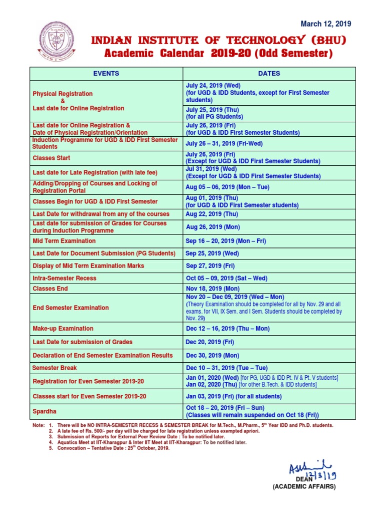 Indian Institute of Technology (Bhu) : Academic Calendar 2019-20 (Odd ...