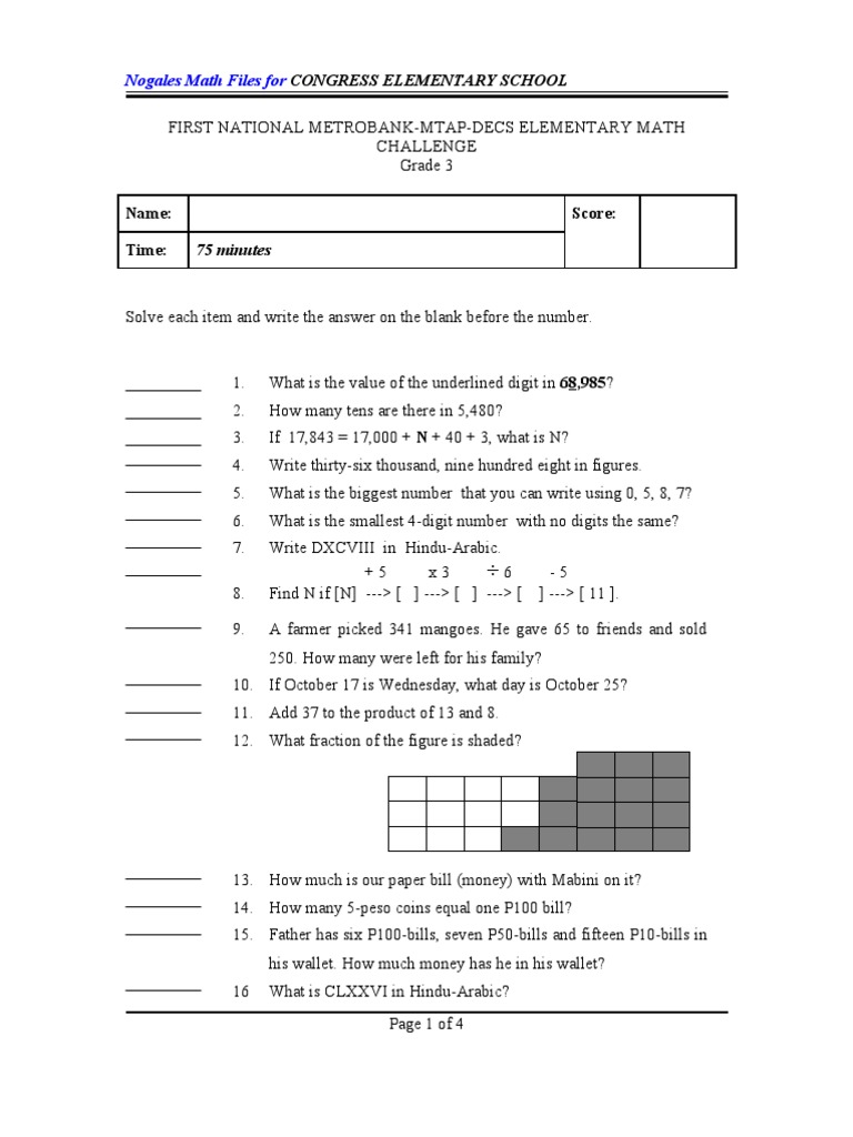 Grade 3 MTAP Math Challenge 2025 | PDF | Angle | Geometry