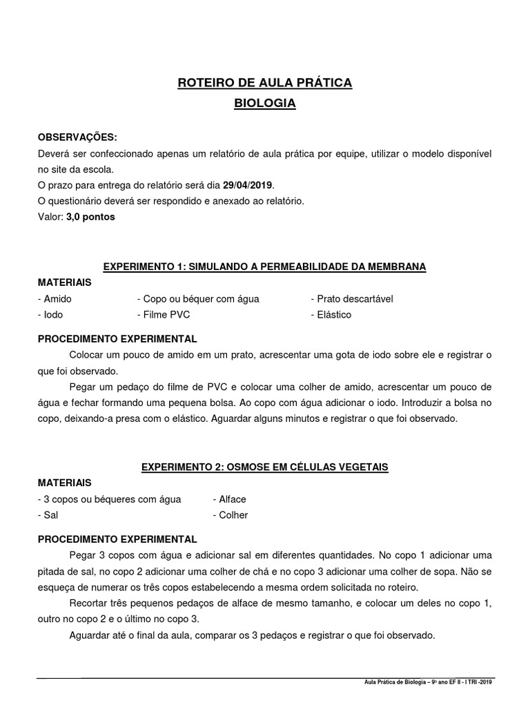 Roteiro de Aula Prática | PDF | Osmose | Natureza