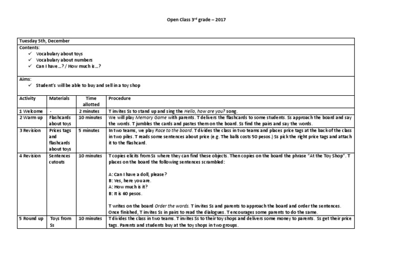 Open Class Day - Lesson Plan 3rd GRADE ESL | PDF