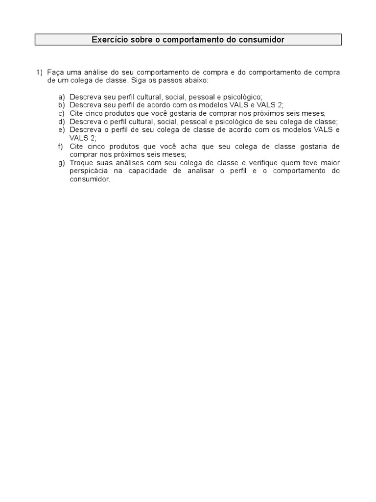 04A - Exercício Sobre o Comportamento Do Consumidor (Modelo VALS) | PDF