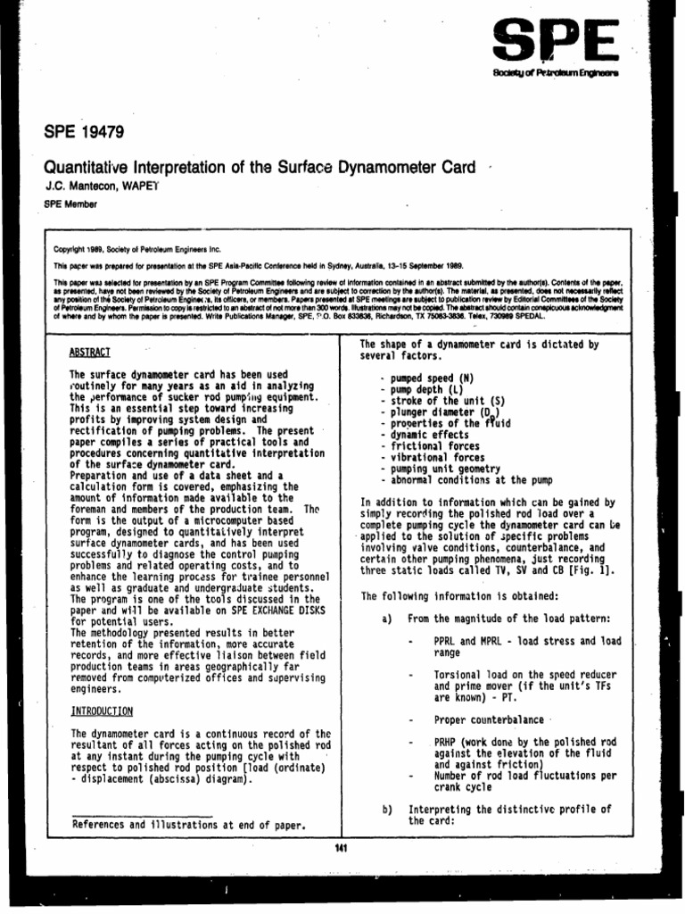 SPE 19479 - Mantecon - Quantitative Interpretation of The Surface Dynamometer Card PDF | PDF ...