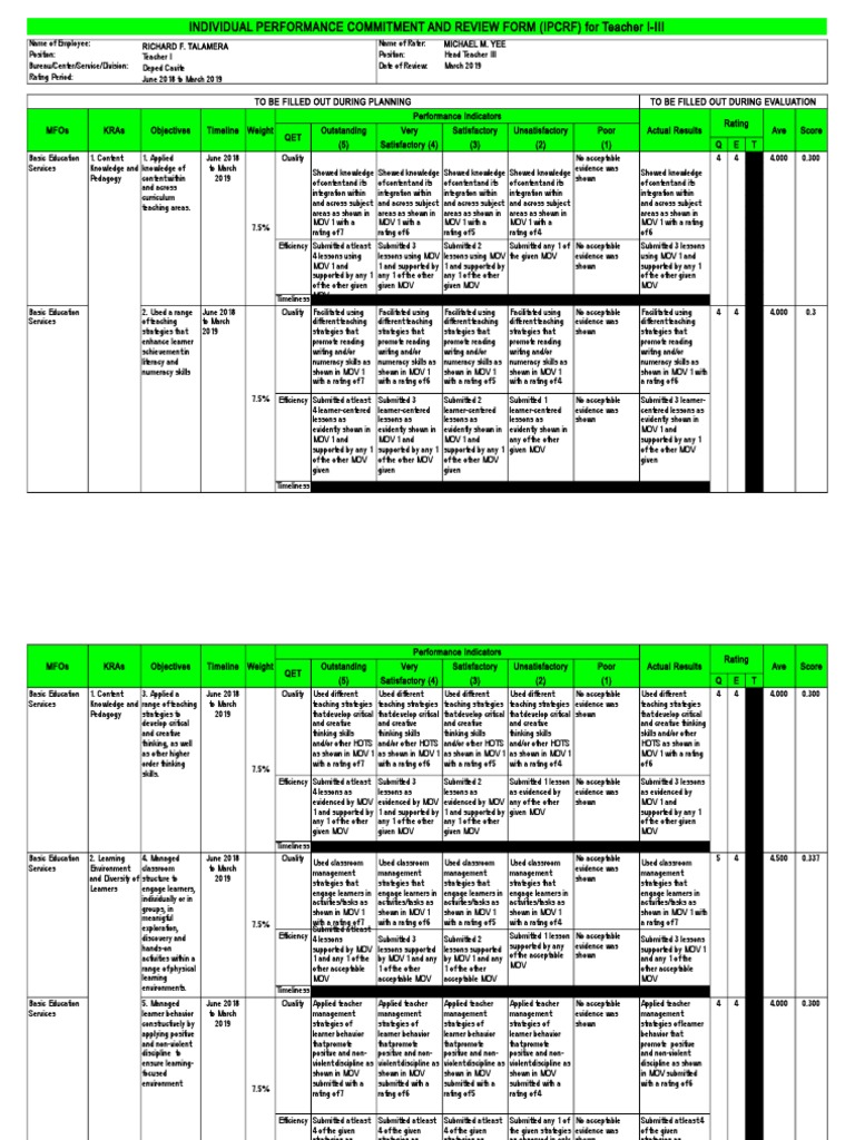 Individual Performance Commitment and Review Form (Ipcrf) For Teacher I ...