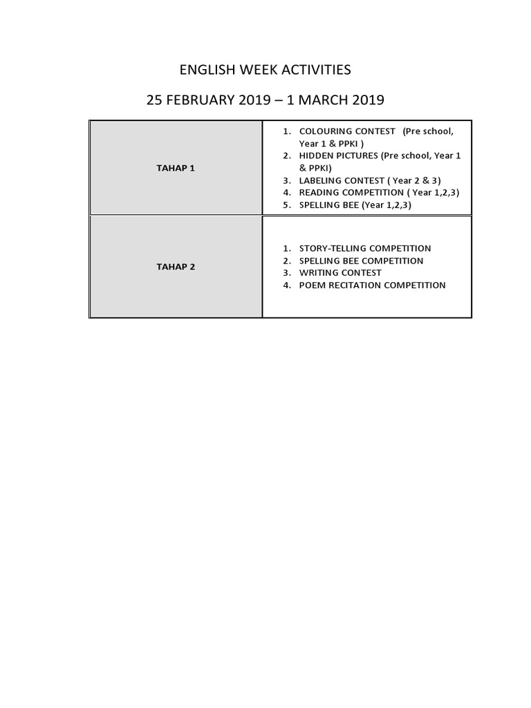 English Week Activities Schedule 2019 | PDF