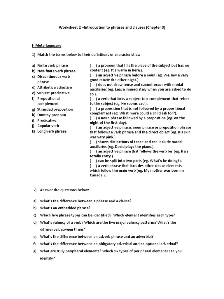 Introduction to phrases and clauses worksheet | PDF | Verb | Phrase