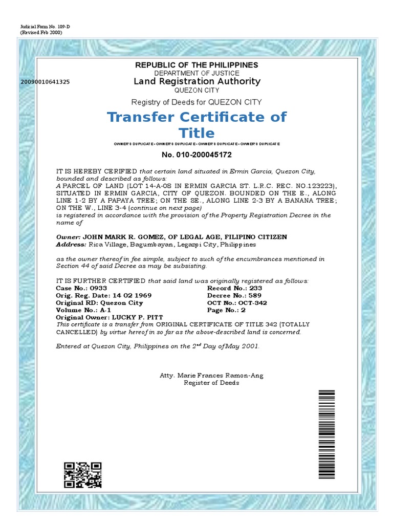 Transfer Certificate of Title: Land Registration Authority | Download ...