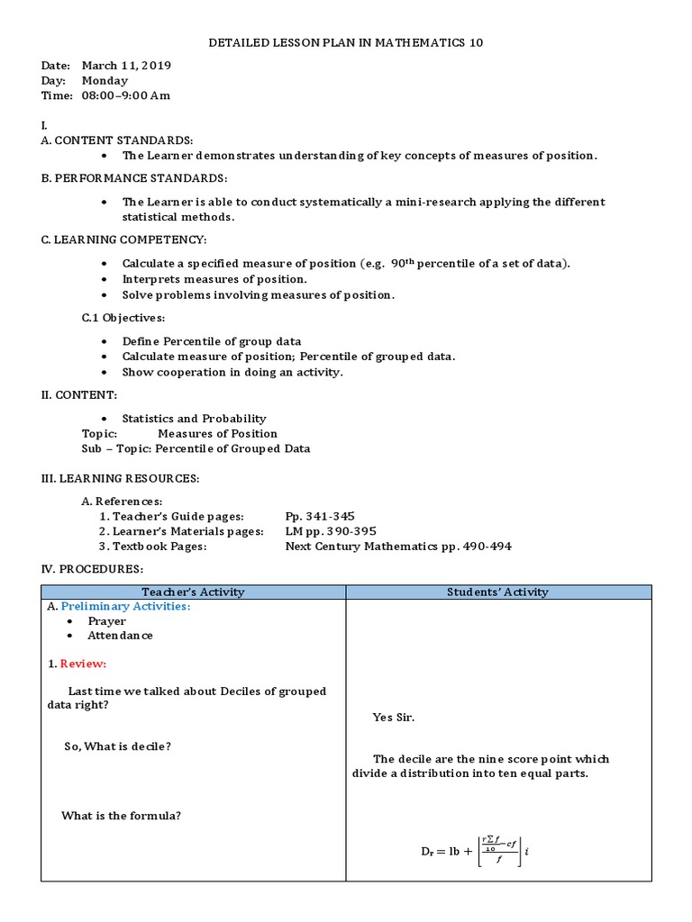 Percentiles Detailed Lesson Plan | PDF | Percentile | Lesson Plan