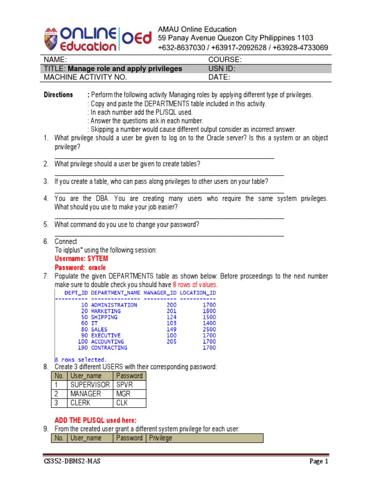 Laboratory Exercise 001 - Managing Users and Roles | PDF | Oracle Database | Pl/Sql