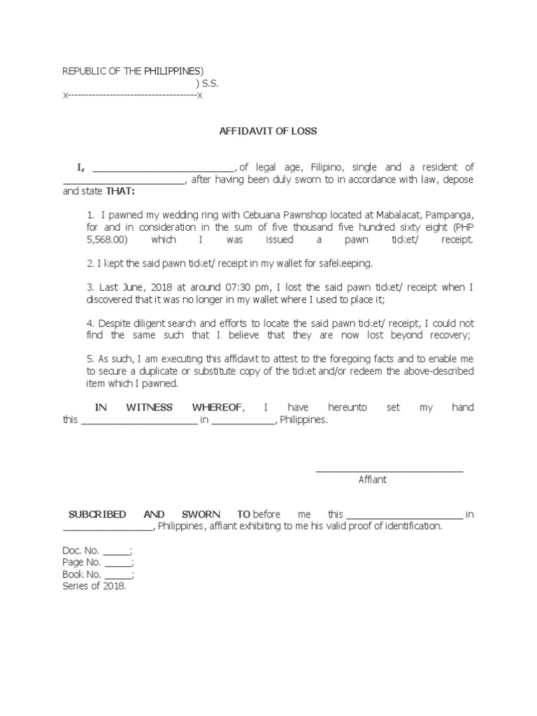 Affidavit of Loss (Pawn Ticket) | PDF