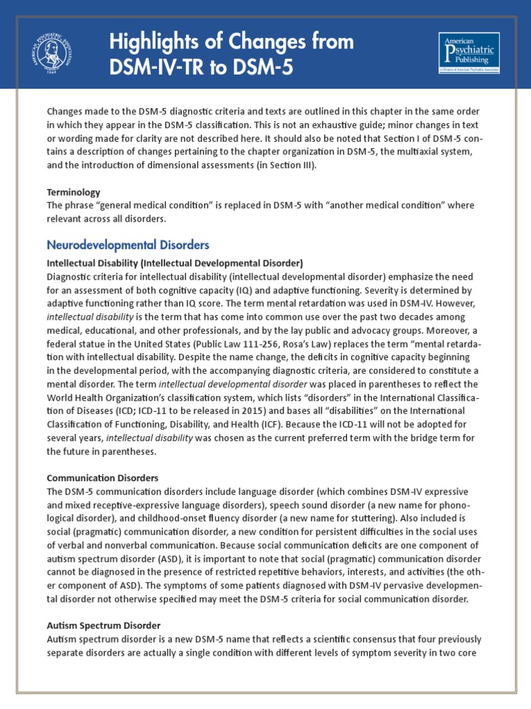 Highlights of Changes From DSM-IV-TR To DSM-5: Neurodevelopmental ...
