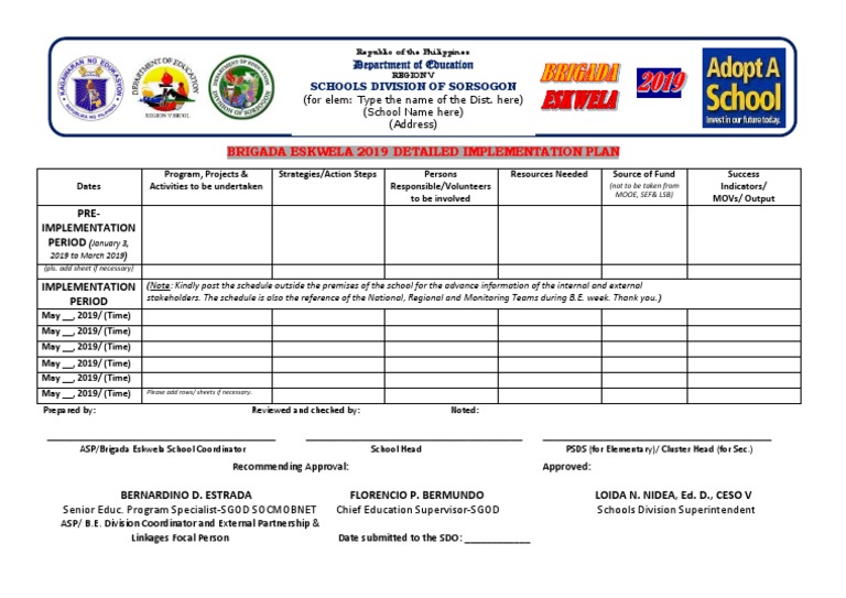 Brigada Eskwela 2019 Detailed Implementation Plan: Department of Education | PDF | Business