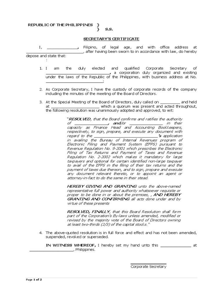 Sec Cert (Efps) | PDF | Power Of Attorney | Board Of Directors