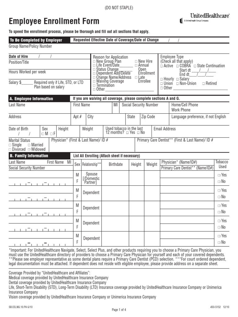 Employee Enrollment Form: To Be Completed by Employer | PDF | Race And ...