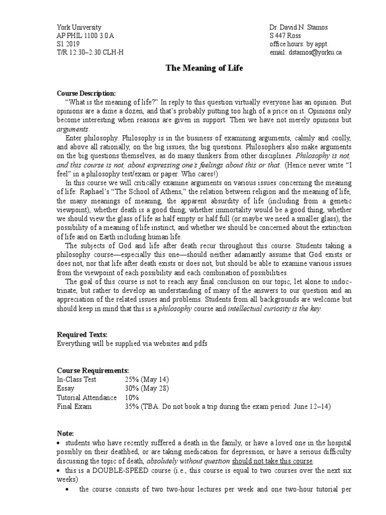 Philosophy of Life Course Overview | PDF | Meaning Of Life | Test ...