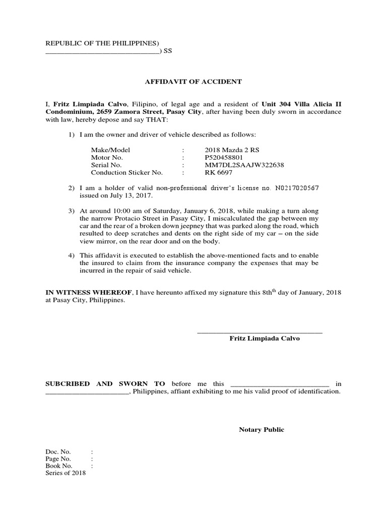 Affidavit of Accident 010618 | PDF