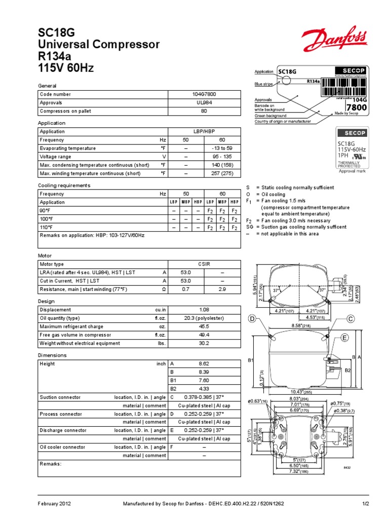 SC18G Universal Compressor R134a 115V 60Hz: General | PDF | Electrical ...