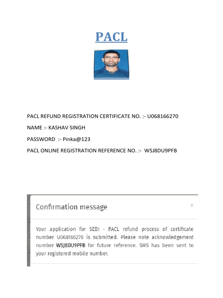 Pacl Refund Registration Certificate No.:-U068166270 Name: - Kashav ...
