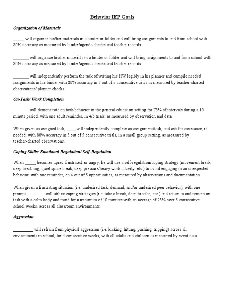 Behavior Goals For An IEP PDF | PDF | Goal | Anger