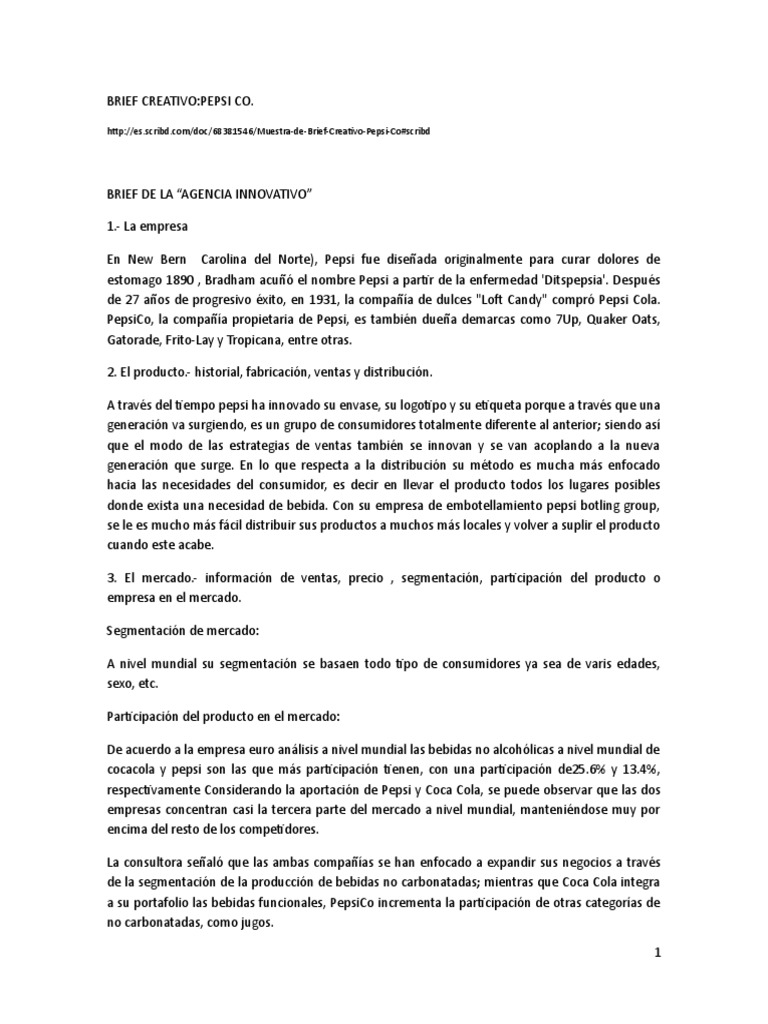 Brief Creativo de PepsiCo 2010 | PDF | Pepsi Co | Pepsi
