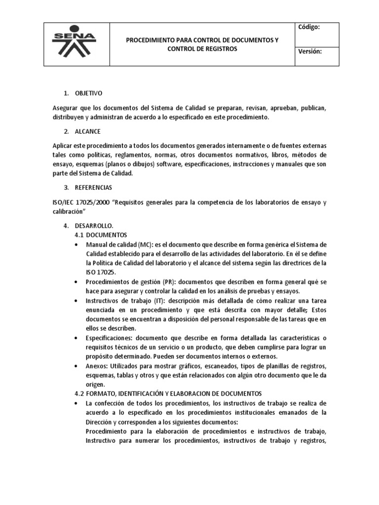 Procedimiento para Control de Documentos y Control de Registros | PDF ...