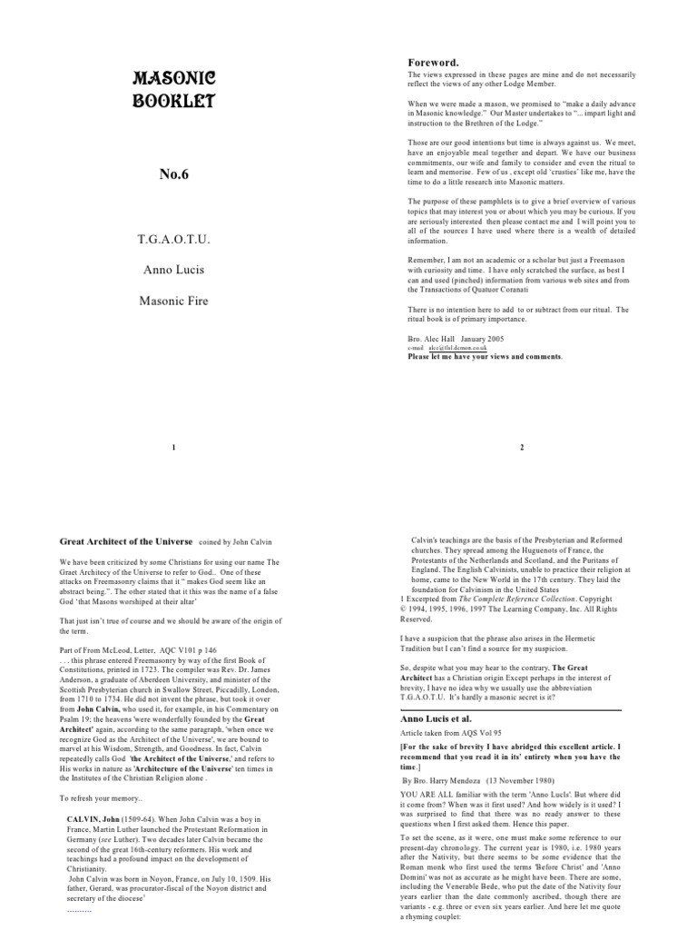 Masonic Booklet: T.G.A.O.T.U. Anno Lucis Masonic Fire | PDF ...