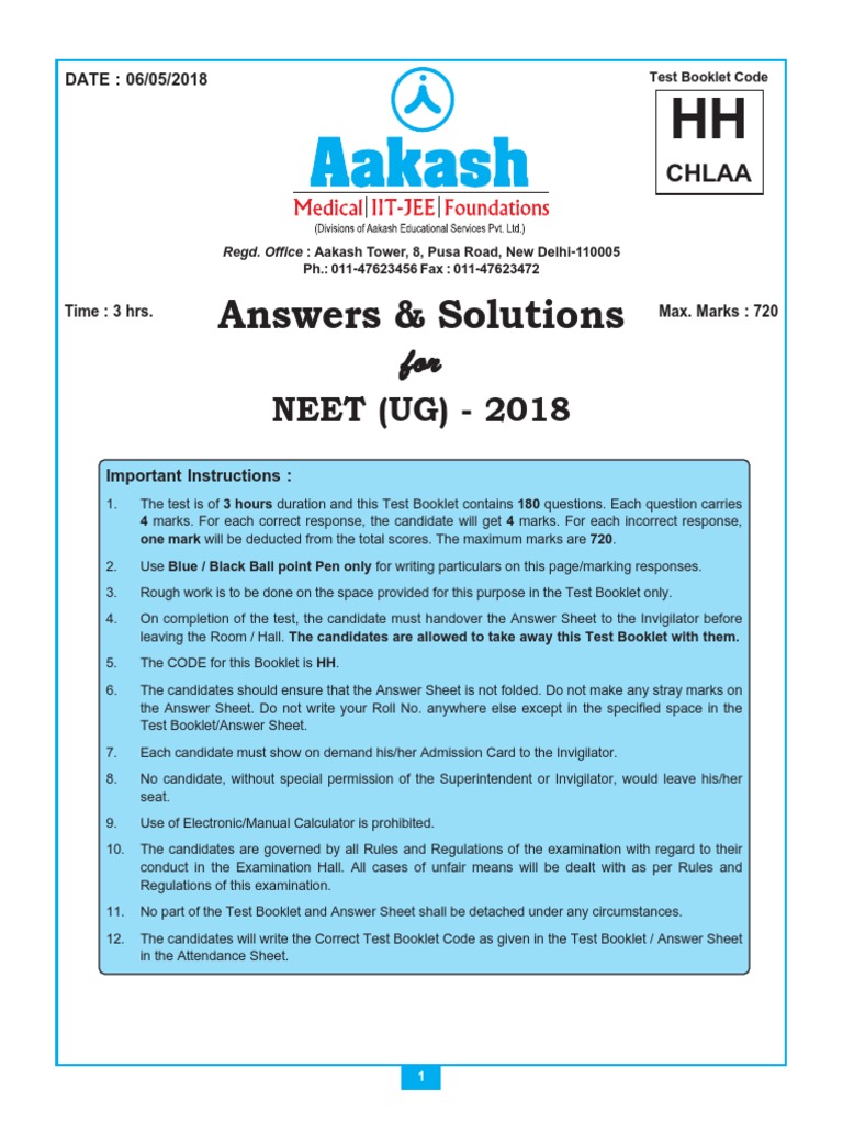 NEET 2018 Answer Key & Solutions | PDF | Apsis | Reflection (Physics)