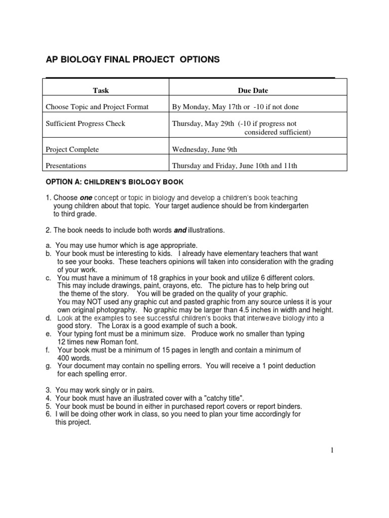 Ap Biology Final Project Options: Task Due Date | PDF | Books | Rubric ...