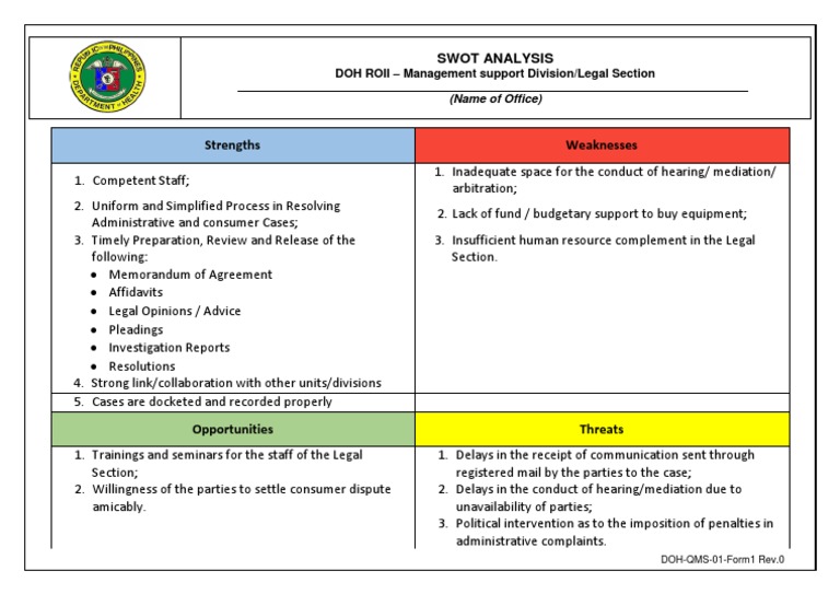 Swot Analysis: Doh Roii - Management Support Division/Legal Section | PDF