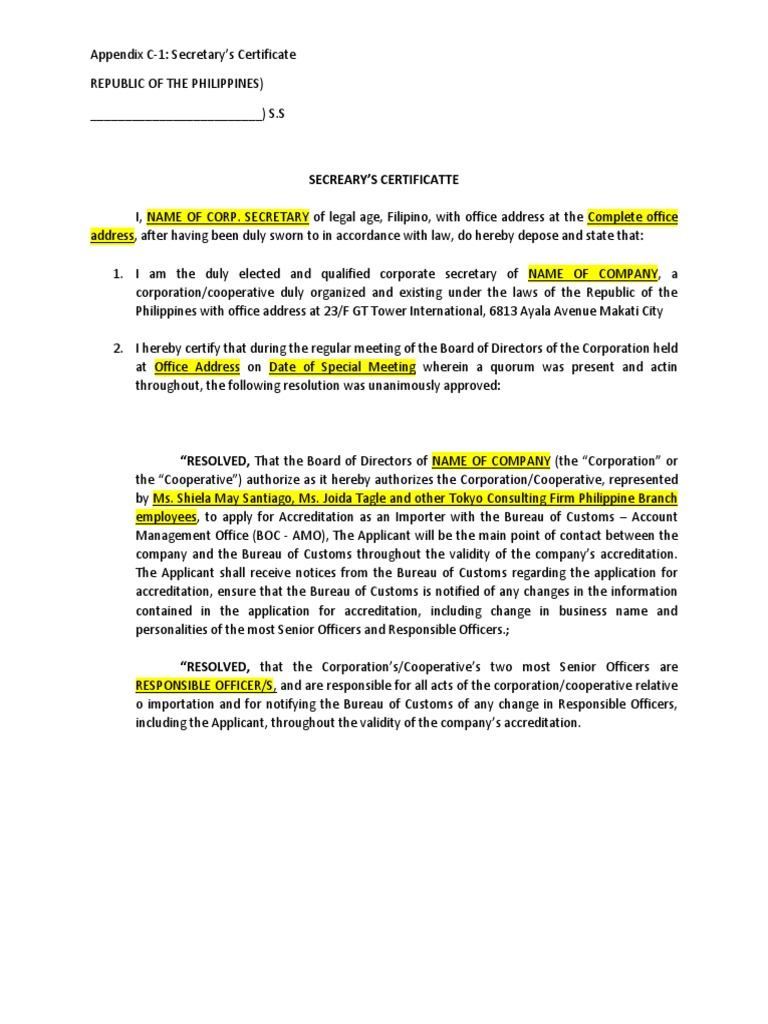 Secretary Certificate | Download Free PDF | Board Of Directors | Social ...