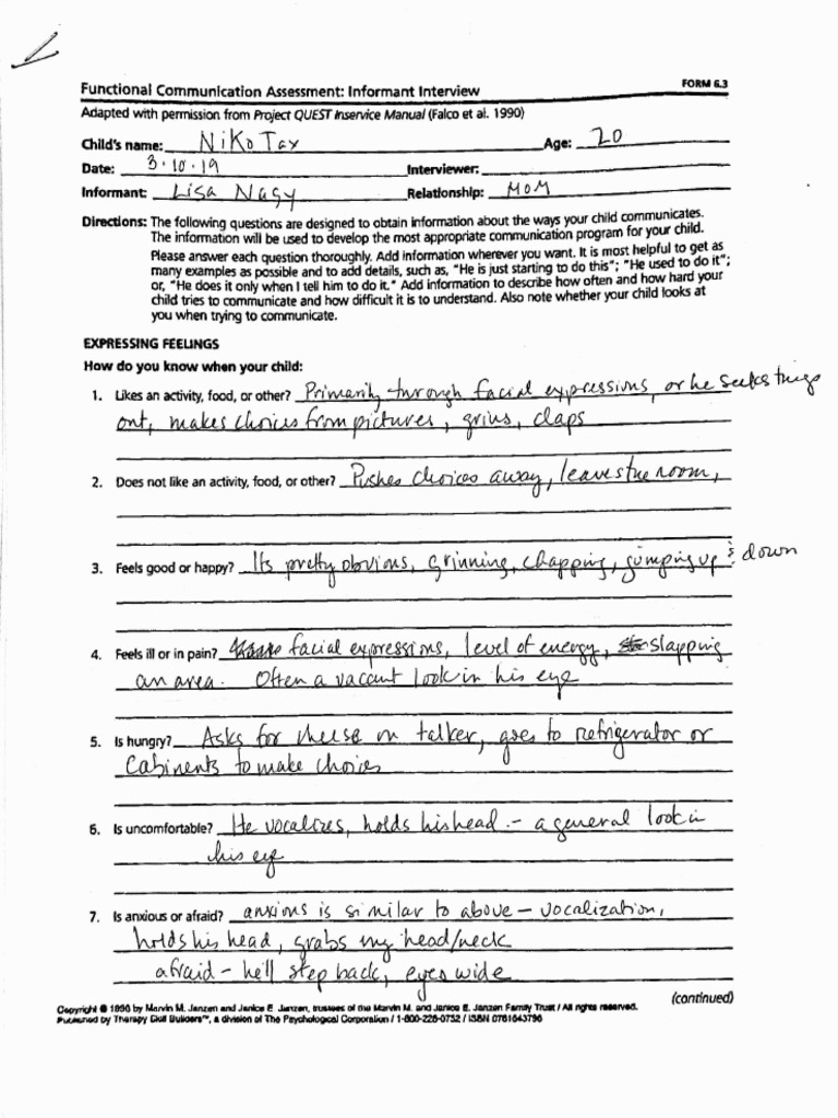 NT Functional Communication Assessment Parent Interview | PDF
