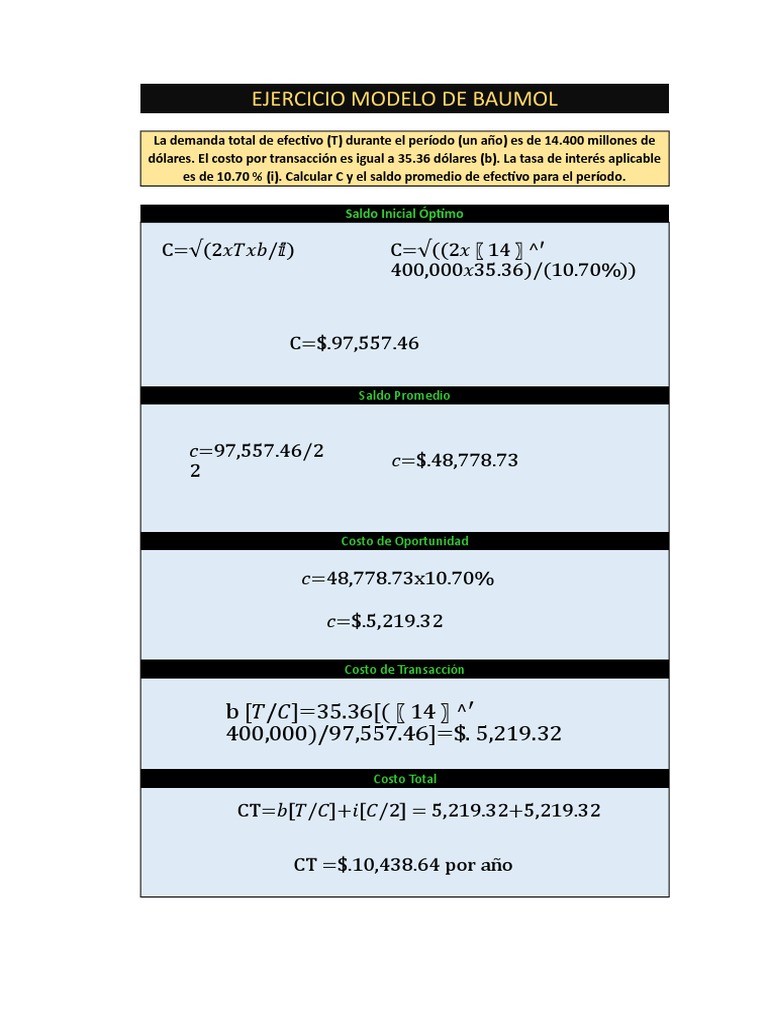 Ejercicio Modelo De Baumol: Saldo Inicial Óptimo