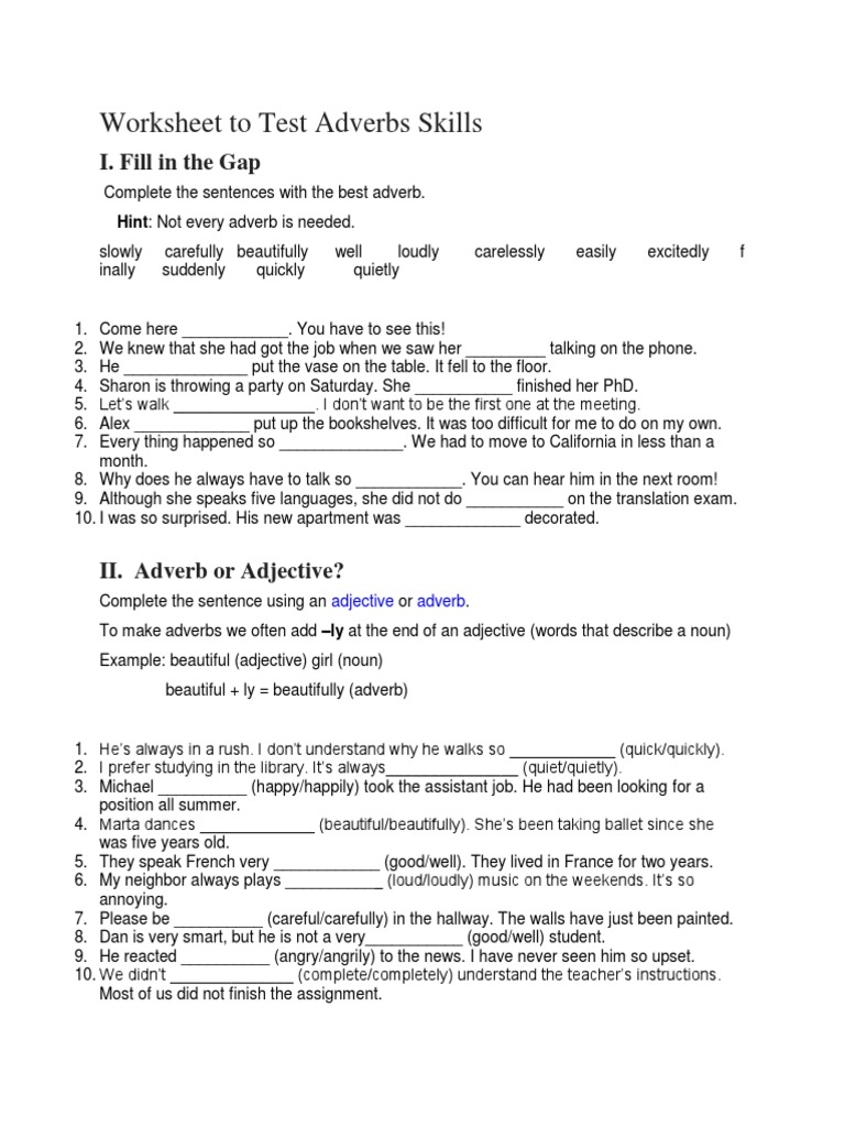 Worksheet To Test Adverbs Skills: I. Fill in The Gap | PDF